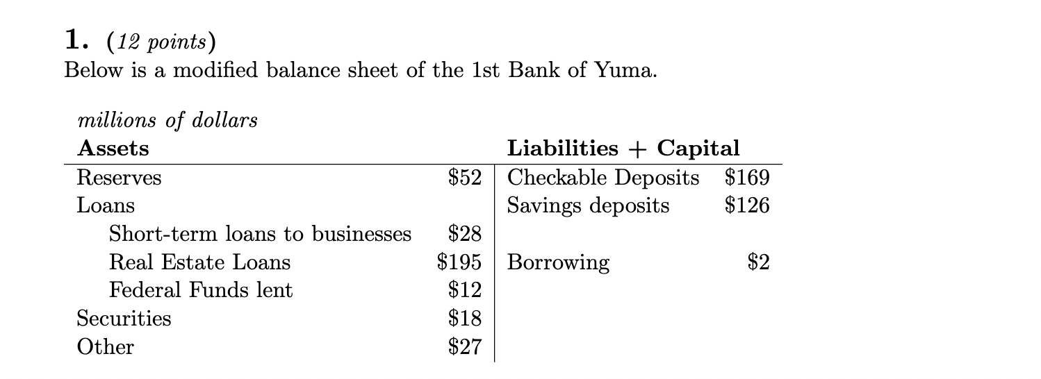 1. (12 points) Below is a modified balance sheet of | Chegg.com