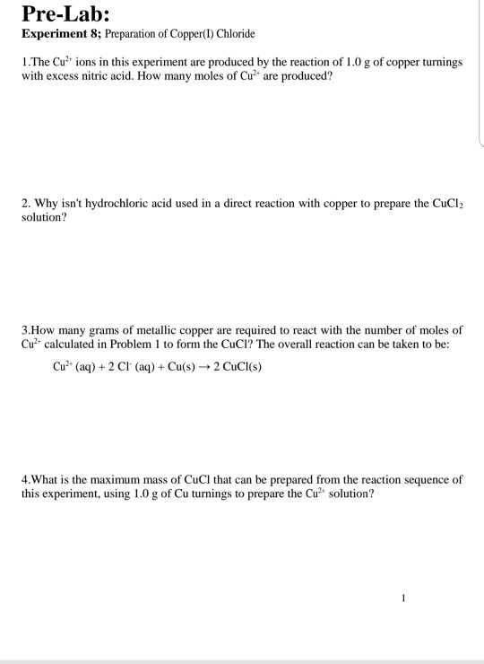 Solved Pre-Lab: Experiment 8; Preparation of CopperI) | Chegg.com