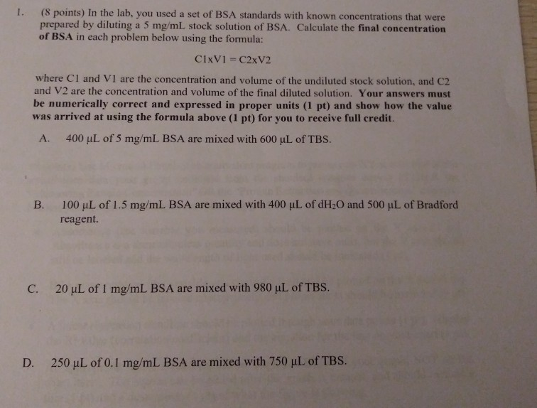 Solved 1. (8 points) In the lab, you used a set of BSA | Chegg.com