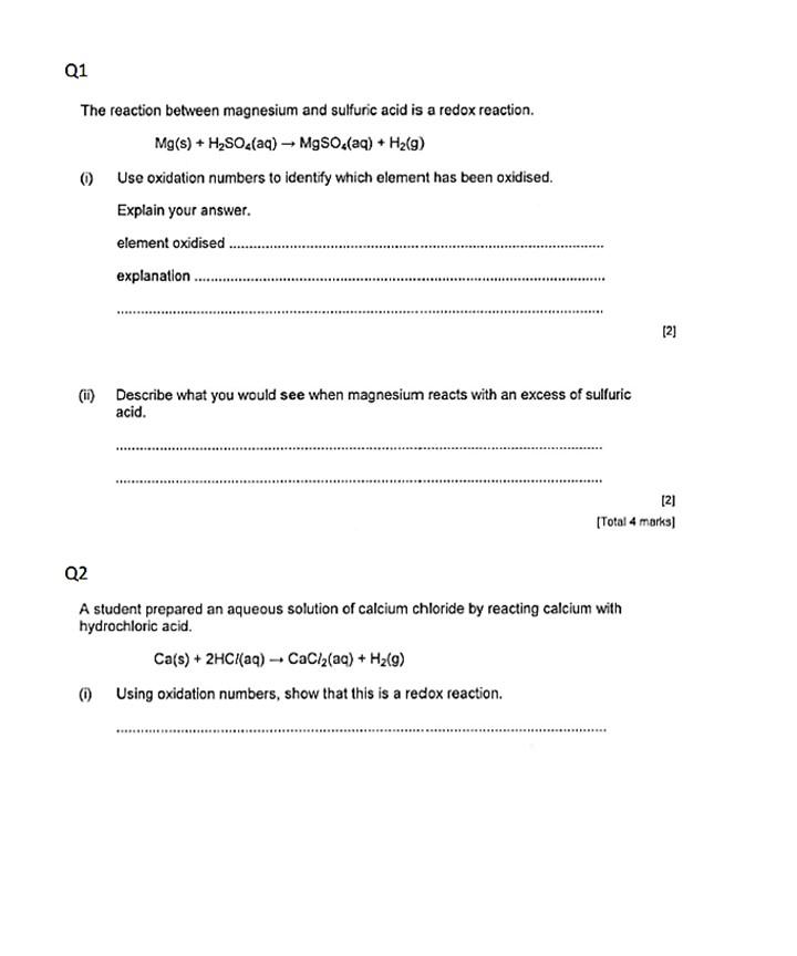 Solved Mg(s)+H2SO4(aq)→MgSO4(aq)+H2( g) (i) Use oxidation | Chegg.com