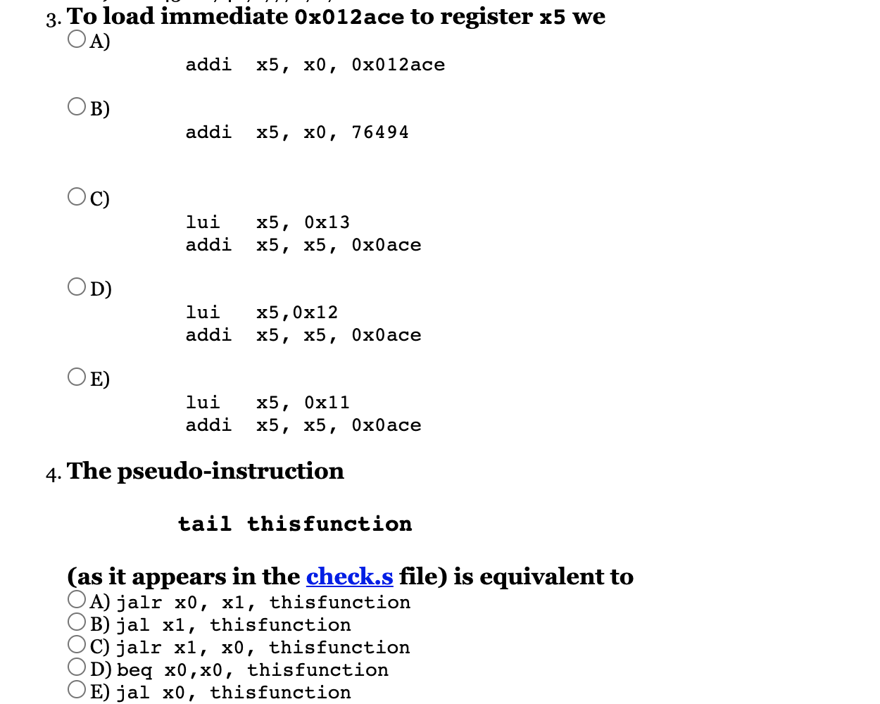 Solved 3. To load immediate 0x012 ace to register x5 we A) | Chegg.com