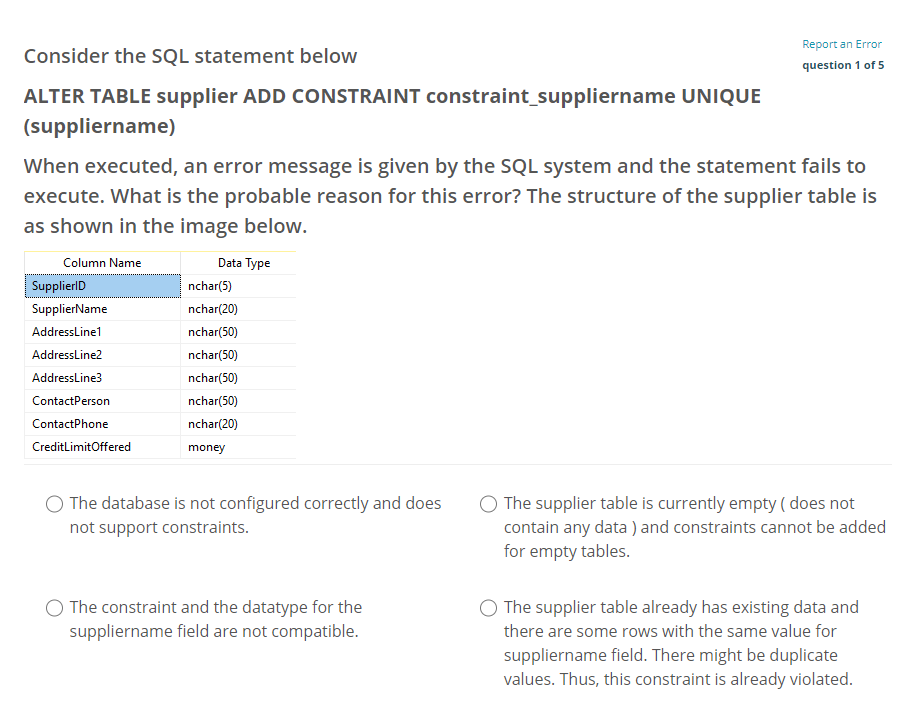 Solved Consider the SQL statement below Report an Error | Chegg.com
