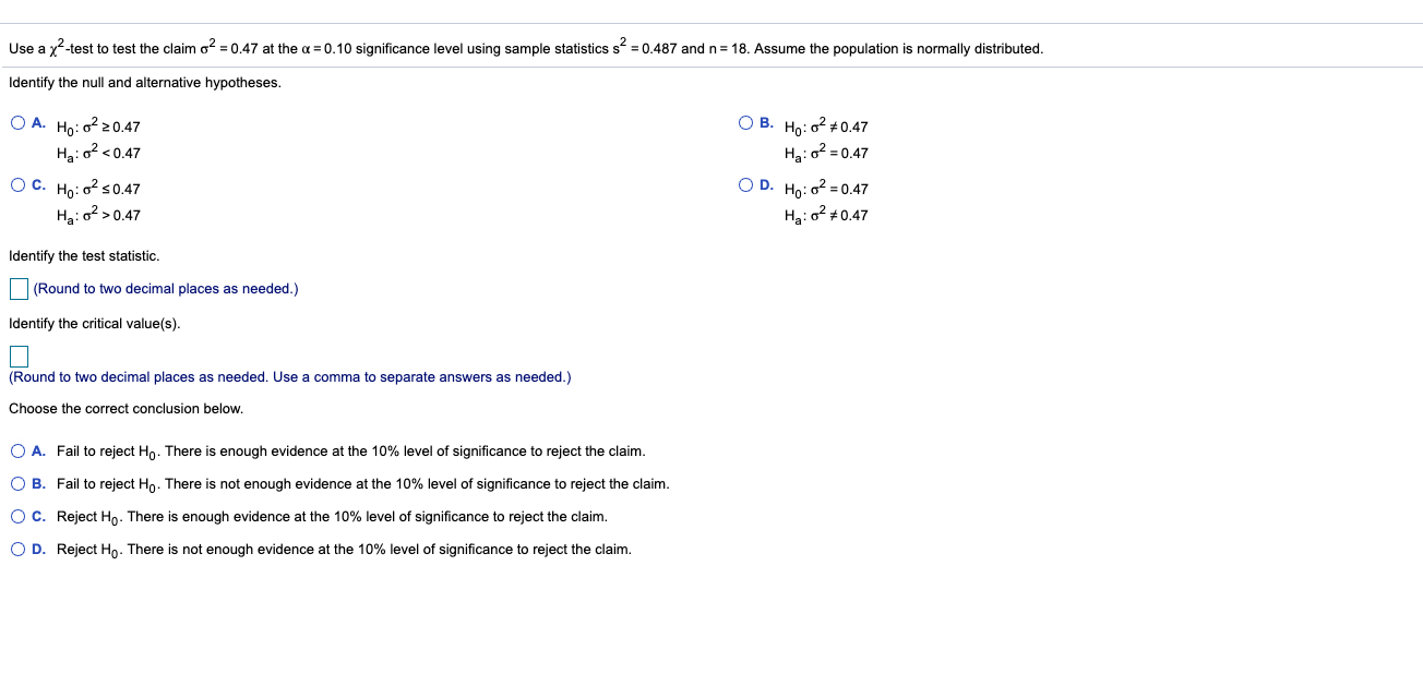Solved Use a x2-test to test the claim o2 = 0.47 at the a= | Chegg.com