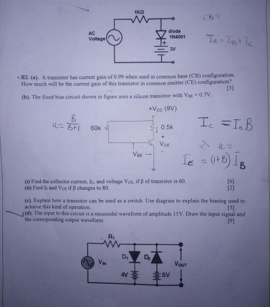 Solved 1KO AC Voltage diode 1N4001 Ie= Iptic 宝 3V . B2. (a). | Chegg.com