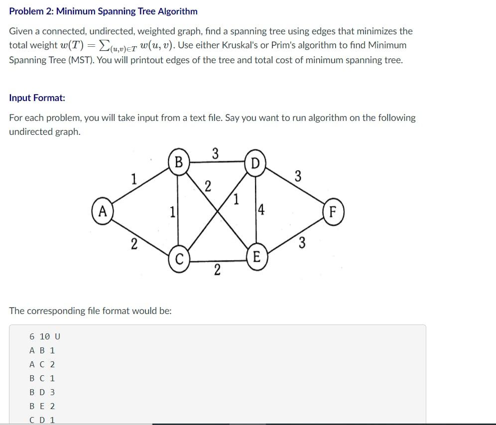 Problem 2 Minimum Spanning Tree Algorithm Given A Chegg