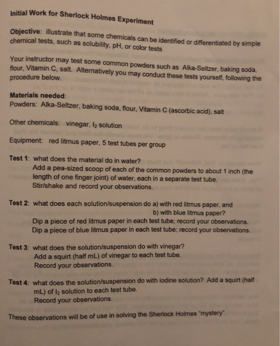 Initial Work for Sherlock Holmes Experiment | Chegg.com