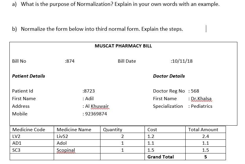 Solved a) What is the purpose of Normalization? Explain in | Chegg.com