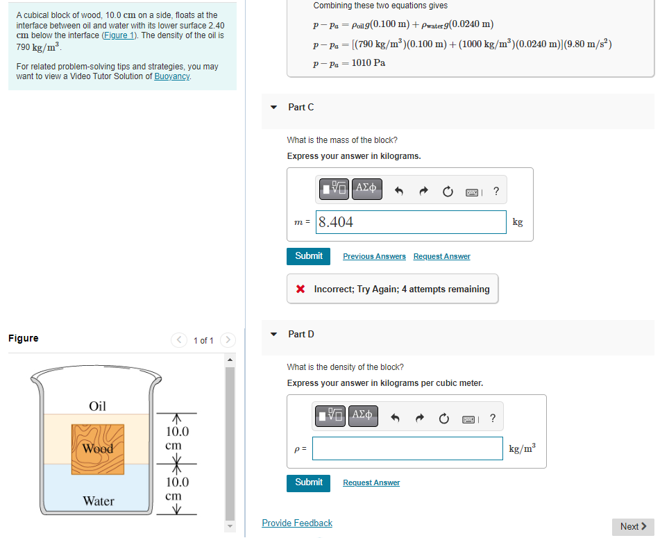 Solved A cubical block of wood, 10.0 cm on a side, floats at | Chegg.com