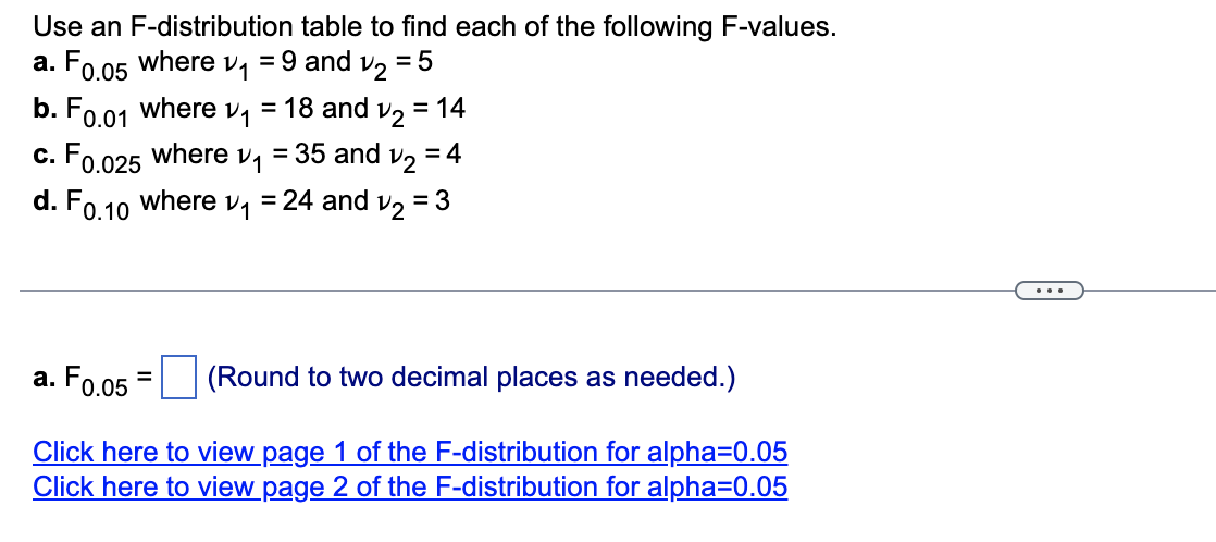 Solved Use an F-distribution table to find each of the | Chegg.com