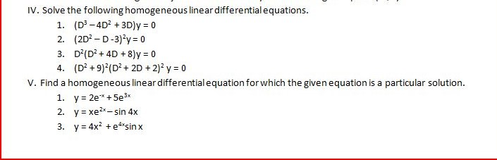 Solved IV. Solve the following homogeneous linear | Chegg.com