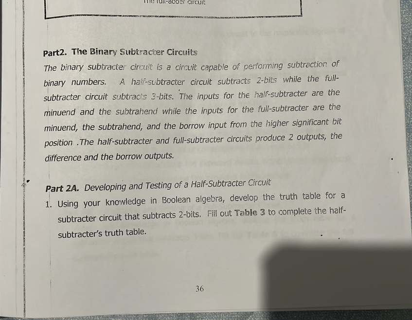 Solved Part2. The Binary Subtracter Circuits The binary | Chegg.com