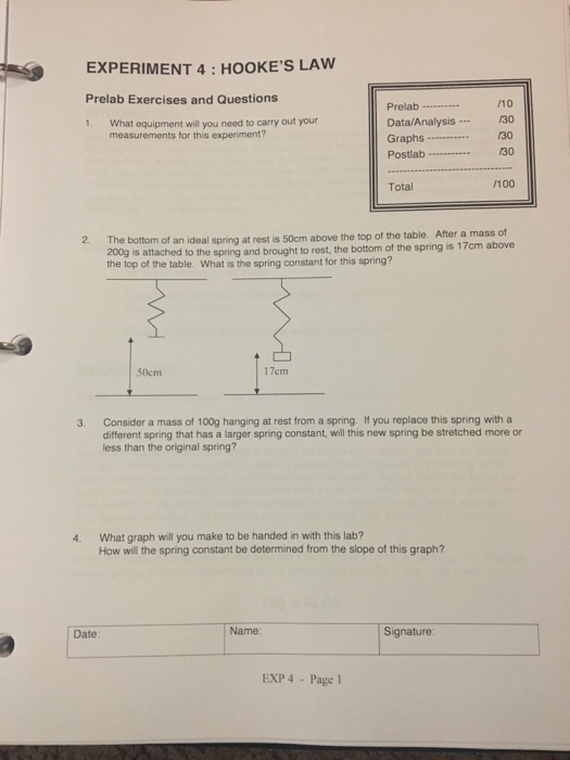 Solved EXPERIMENT 4:HOOKE'S LAW Prelab Exercises and | Chegg.com