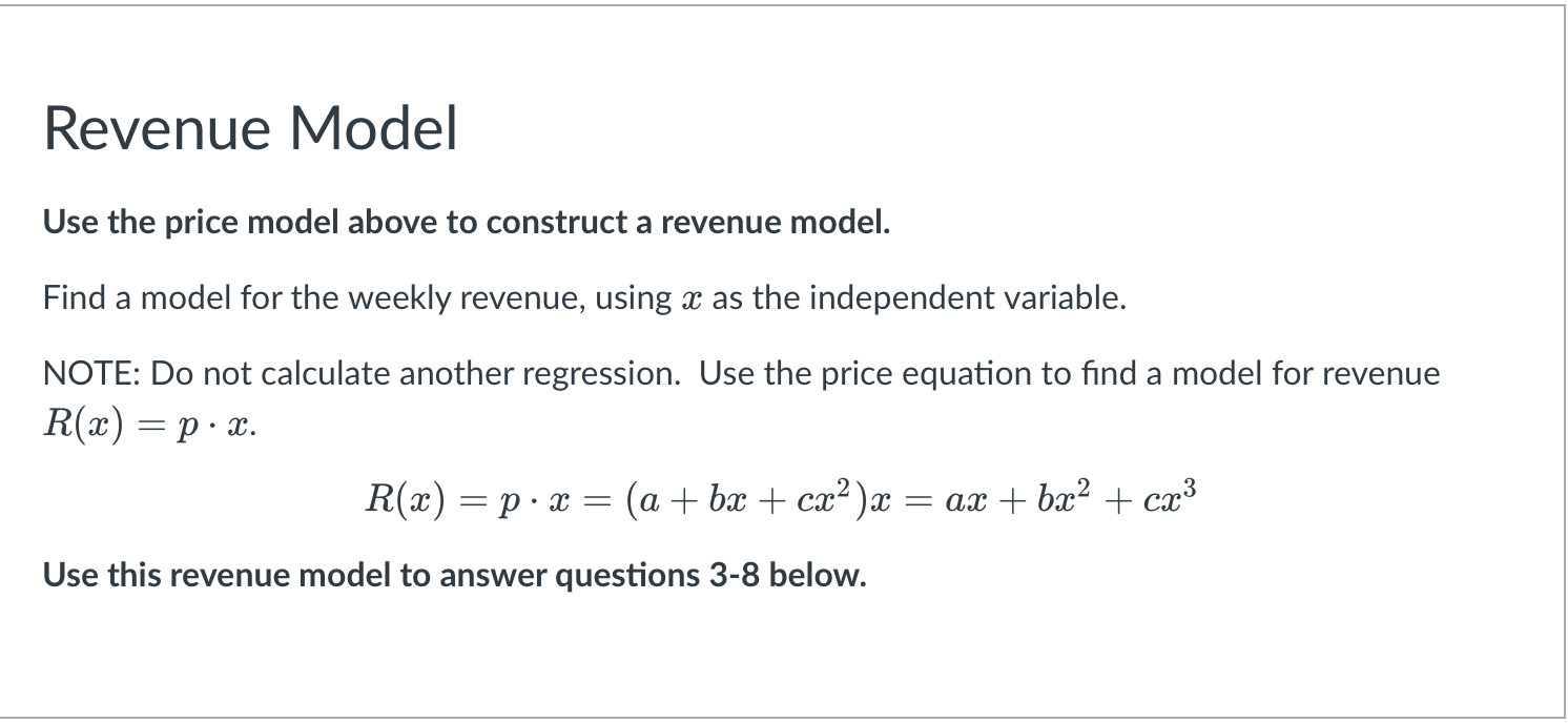 Use the price model above to construct a revenue | Chegg.com