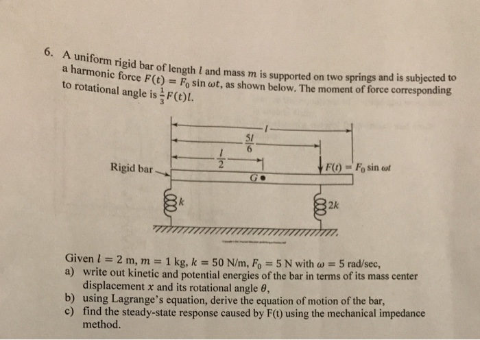Solved A uniform rigid bar of length l and mass m is | Chegg.com