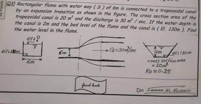 Solved Points Q3) Rectangular flume with water way (S) of 6m | Chegg.com