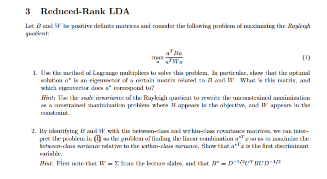 3 Reduced-Rank LDA Let B and W be positive definite | Chegg.com