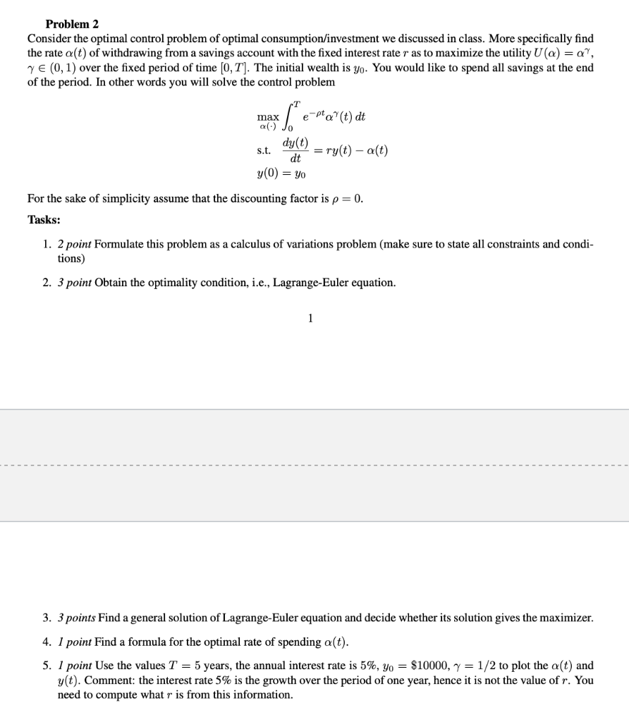 Problem 2 Consider the optimal control problem of | Chegg.com