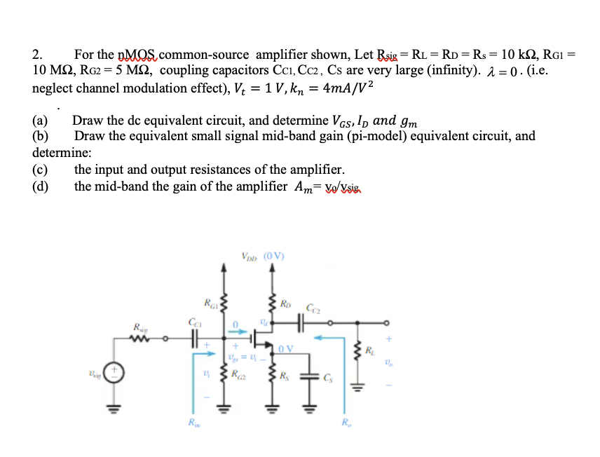 Solved 2. For the MOS.common-source amplifier shown, Let | Chegg.com