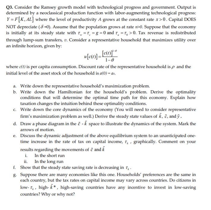 Q3. Consider the Ramsey growth model with | Chegg.com