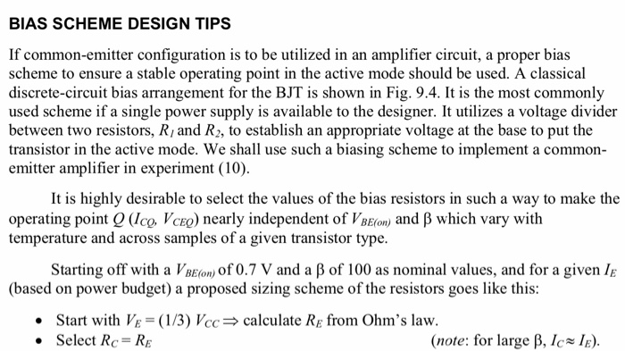 Solved BIAS SCHEME DESIGN TIPS If common-emitter | Chegg.com