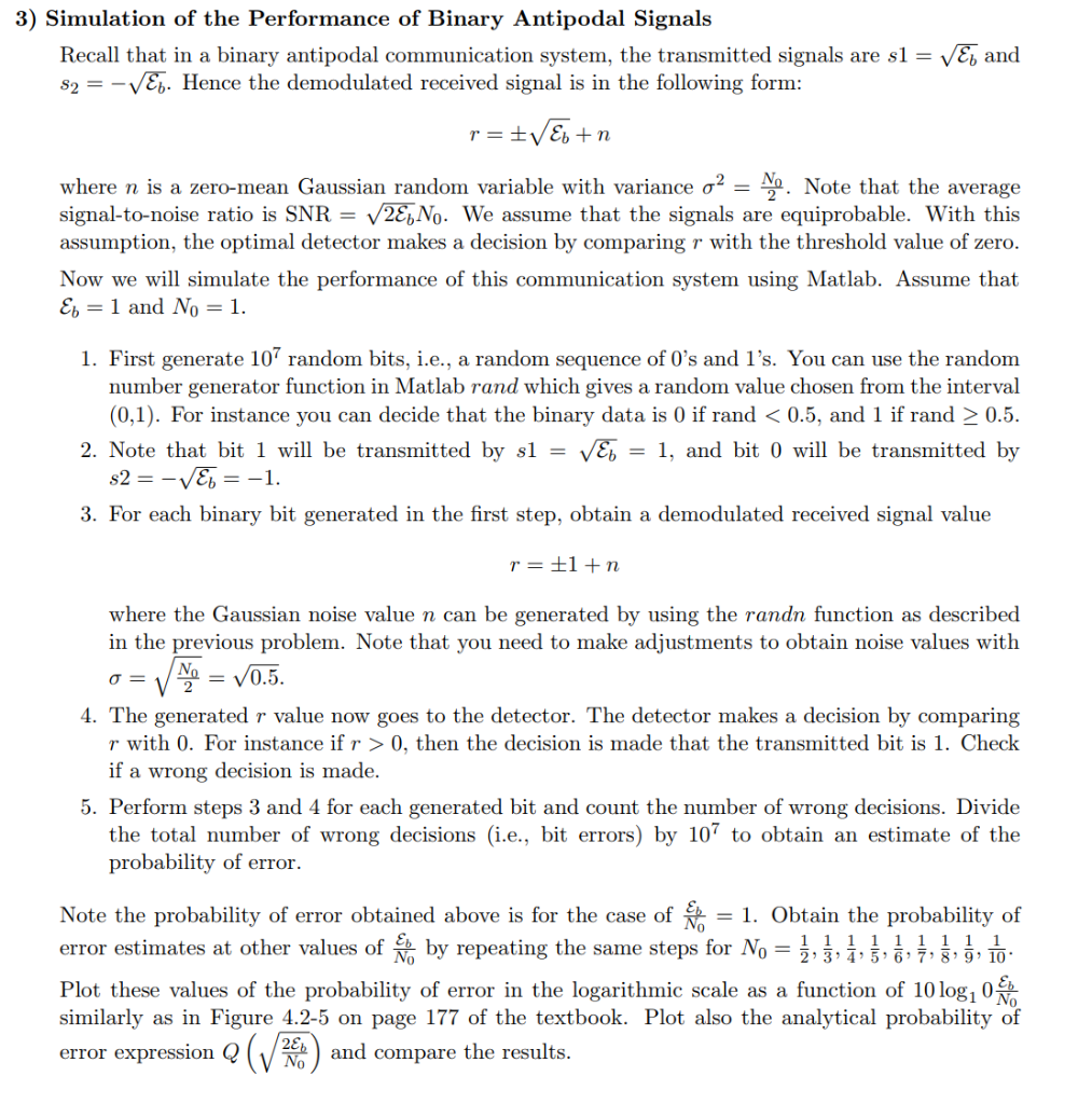 3) Simulation of the Performance of Binary Antipodal | Chegg.com