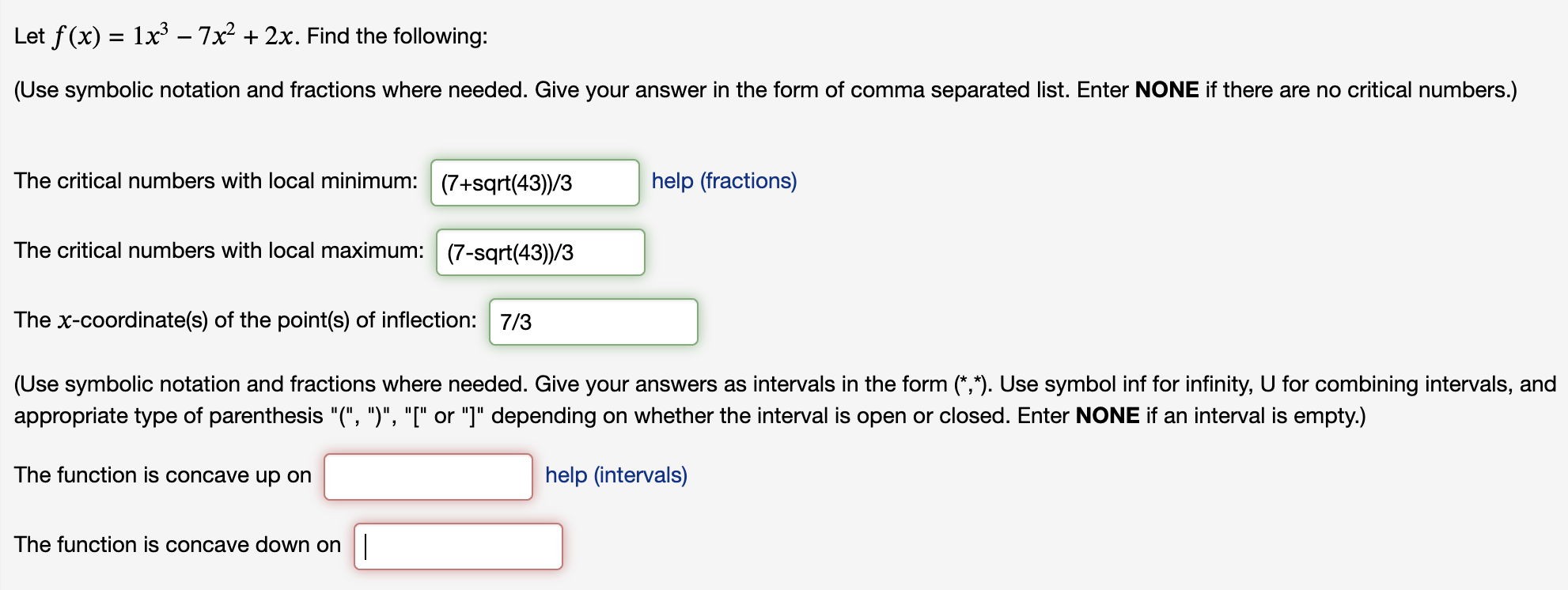 Solved Let f(x)=1x3−7x2+2x. Find the following: (Use | Chegg.com