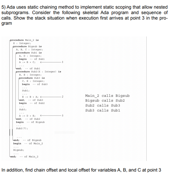 Solved 5) Ada uses static chaining method to implement | Chegg.com