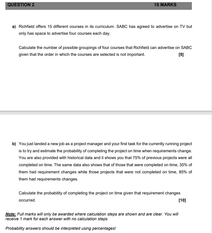 Solved a) Richfield offers 15 different courses in its | Chegg.com