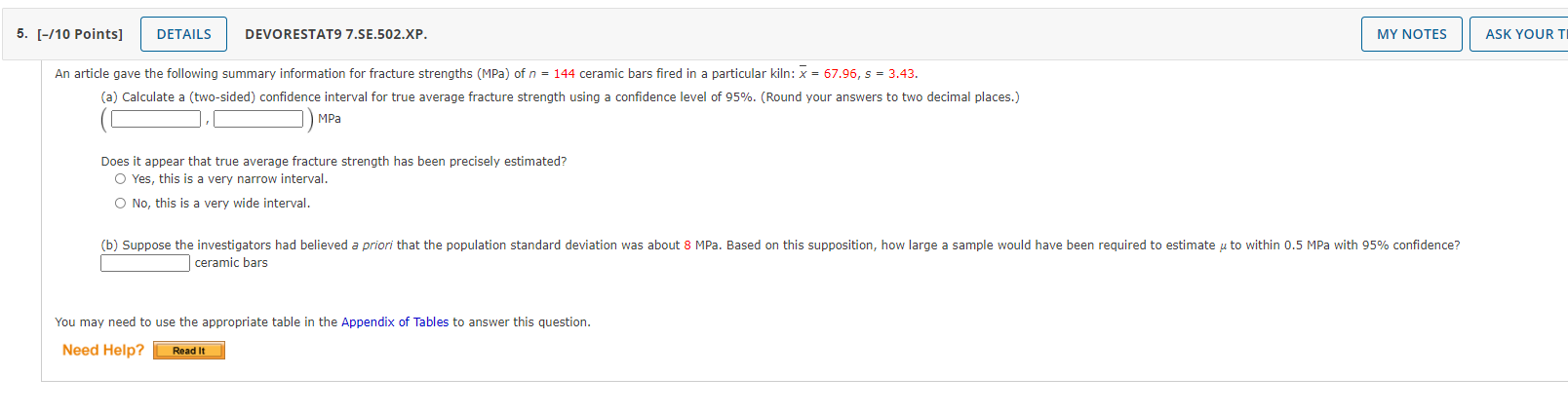 Solved 5. (-/10 Points] DETAILS DEVORESTAT9 7.SE.502.XP. MY | Chegg.com