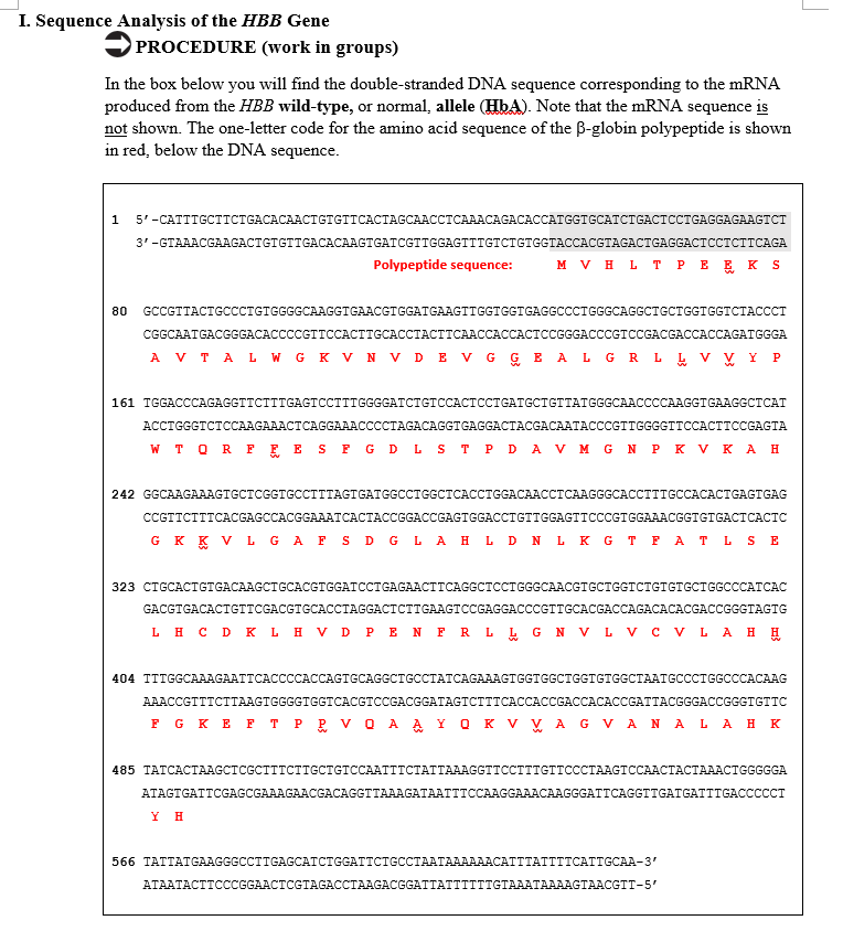 L I. Sequence Analysis of the HBB Gene PROCEDURE | Chegg.com