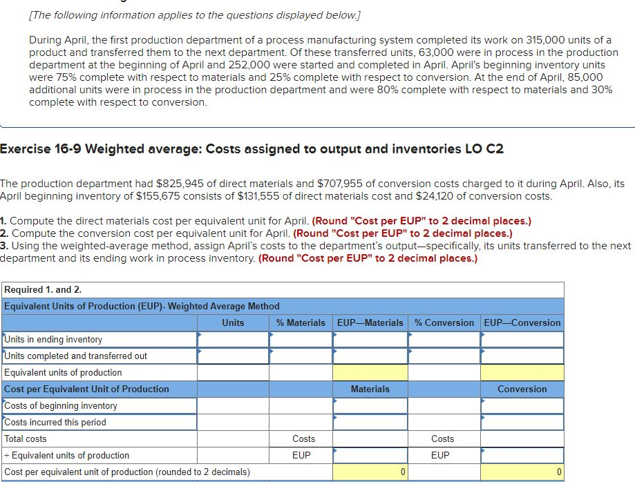 Solved Exercise 16-9 Weighted average: Costs assigned to | Chegg.com
