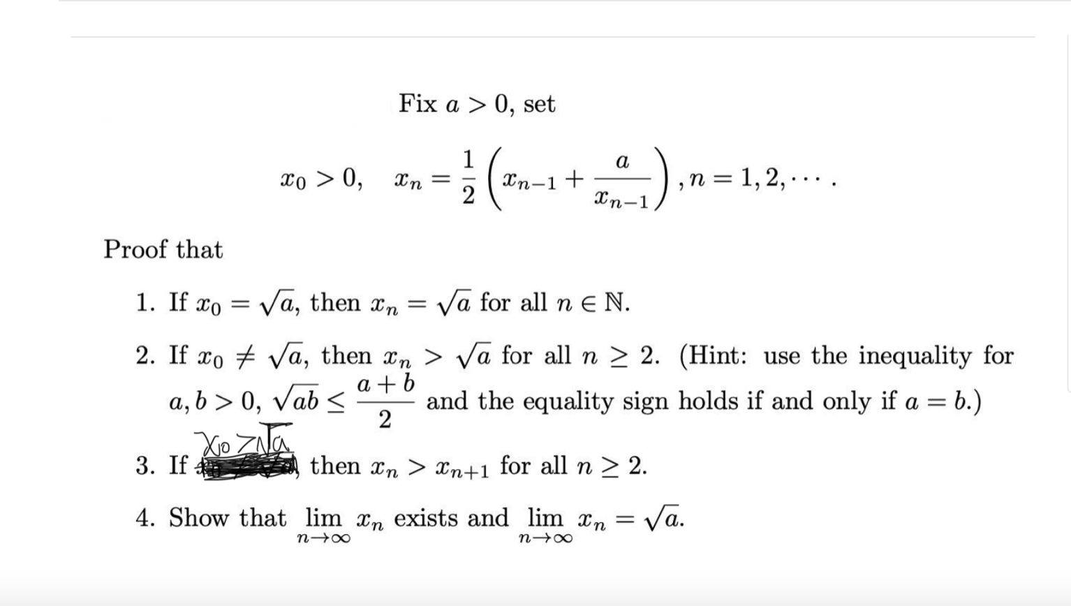 Solved Fix a>0, set x0>0,xn=21(xn−1+xn−1a),n=1,2,⋯. Proof | Chegg.com