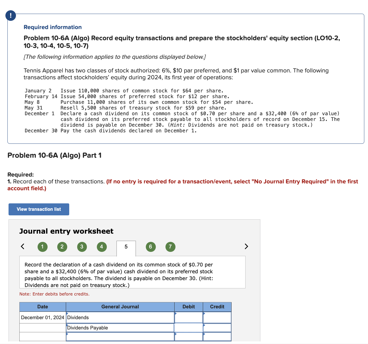 Solved !Required informationProblem 10-6A (Algo) ﻿Record | Chegg.com