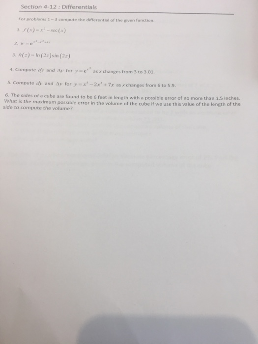 Solved Section 4-12: Differentials For problems 1-3 compute | Chegg.com