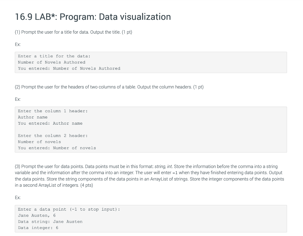 Solved 16.9 LAB*: Program: Data visualization (1) Prompt the | Chegg.com