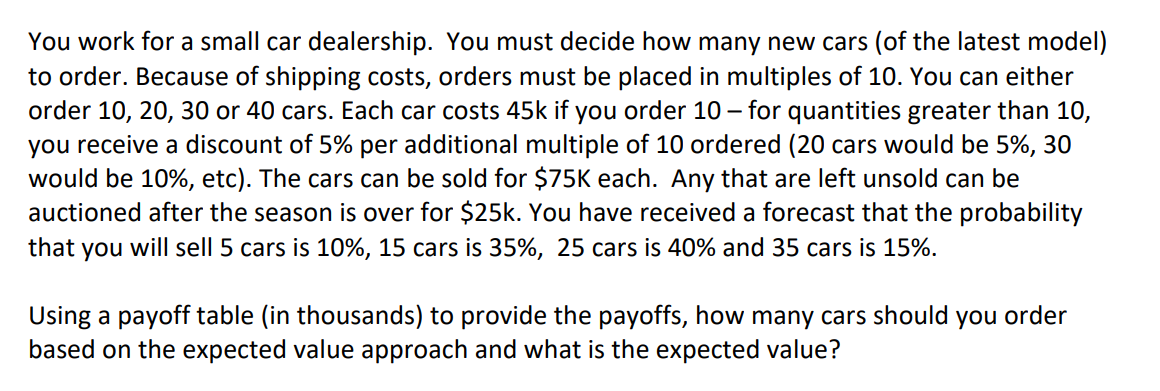 Solved You work for a small car dealership. You must decide | Chegg.com