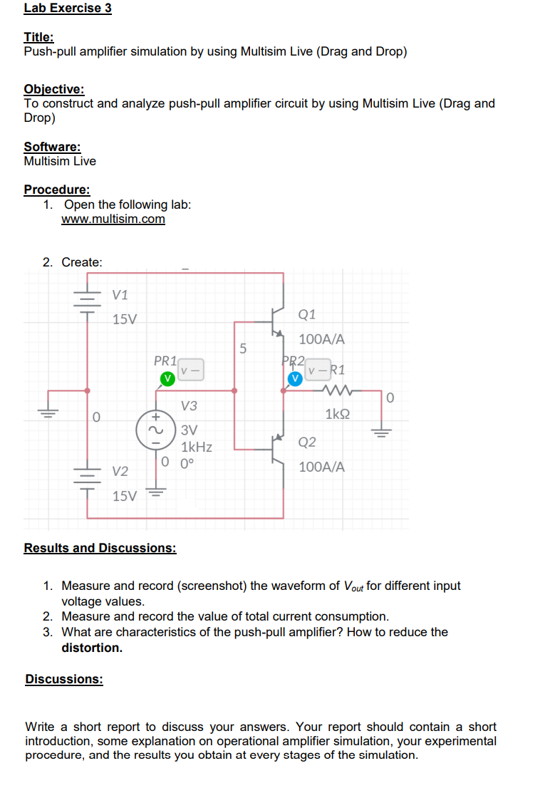 Lab Exercise 3 Title: Push-pull amplifier simulation | Chegg.com