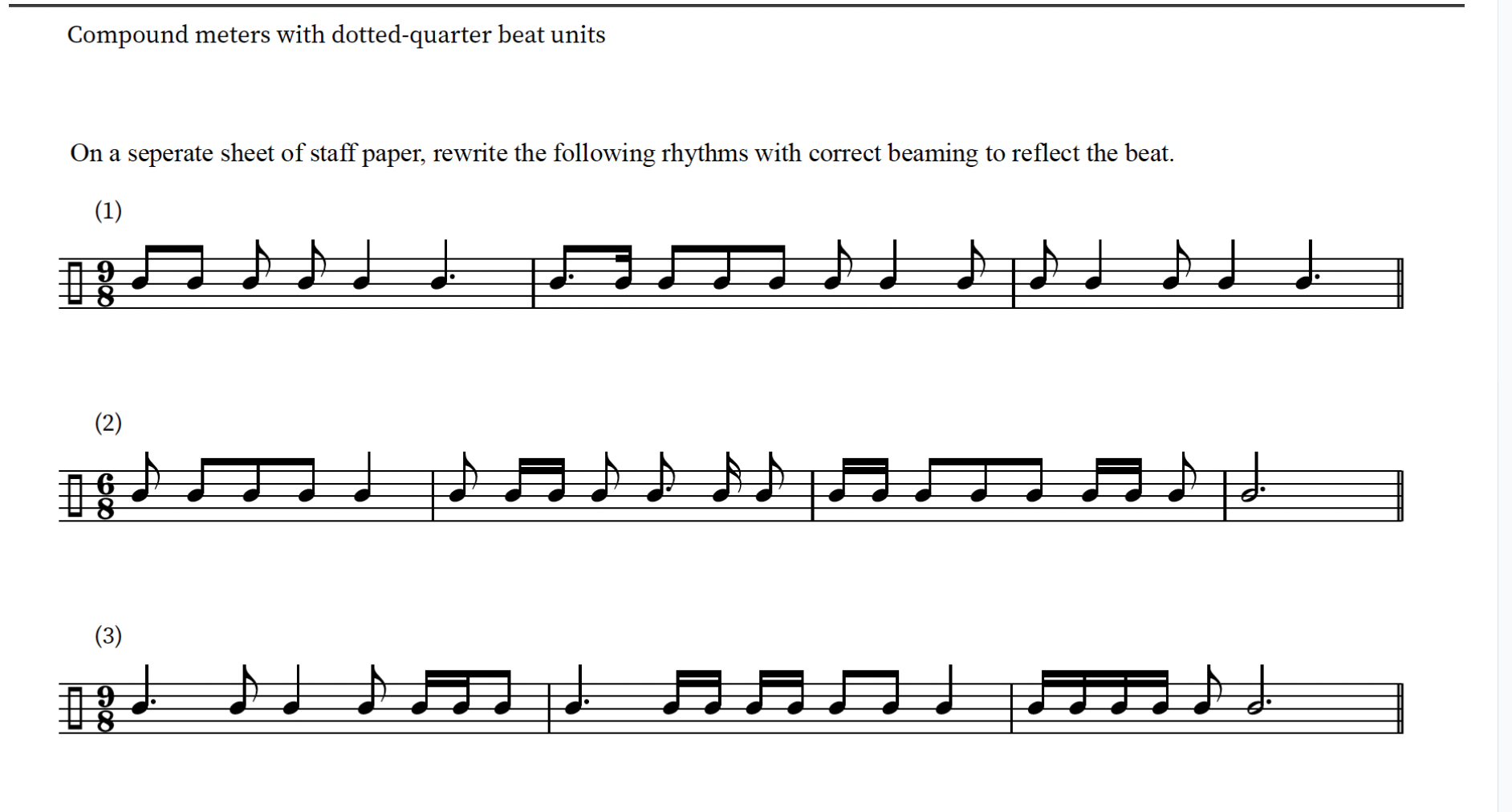 Compound meters with dotted-quarter beat units | Chegg.com