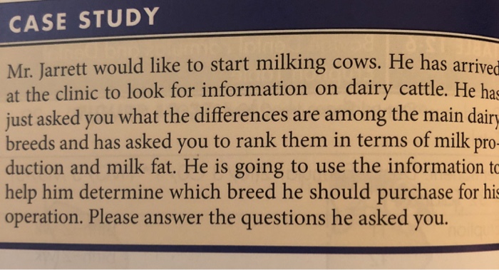 Solved CASE STUDY Mr. Jarrett would like to start milking | Chegg.com