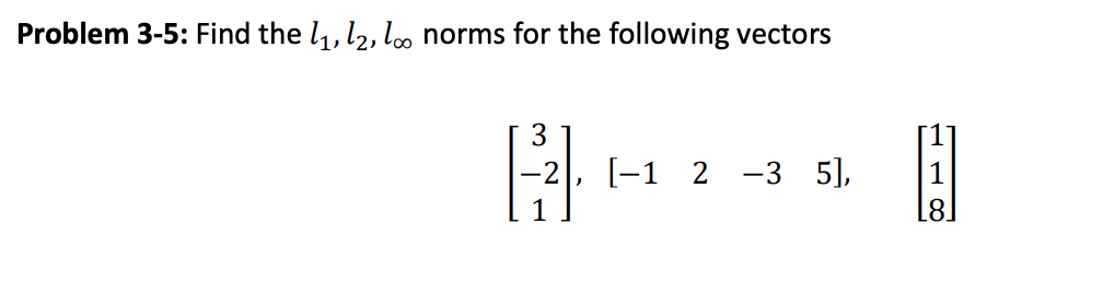 Solved Problem 3-5: Find the l1,l2,l∞ norms for the | Chegg.com