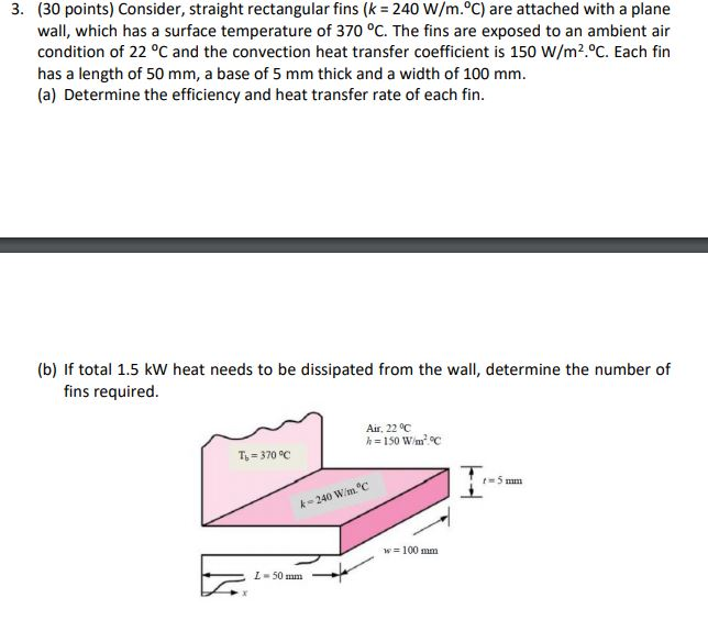 Solved 3. (30 points) Consider, straight rectangular fins (k | Chegg.com