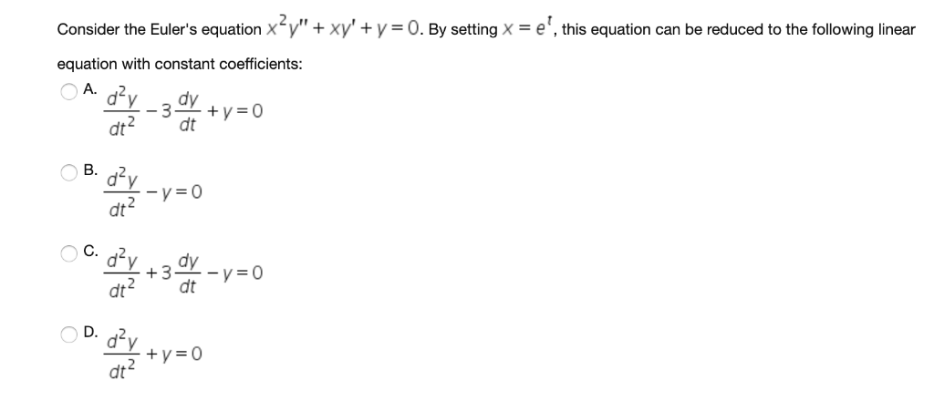 Solved Consider the Euler's equation x2y" + xy' + y = 0. By | Chegg.com