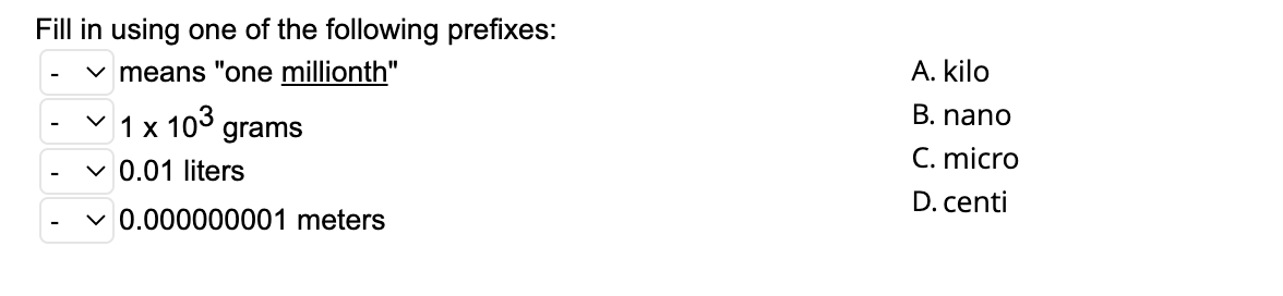 Solved Fill in using one of the following prefixes: means | Chegg.com