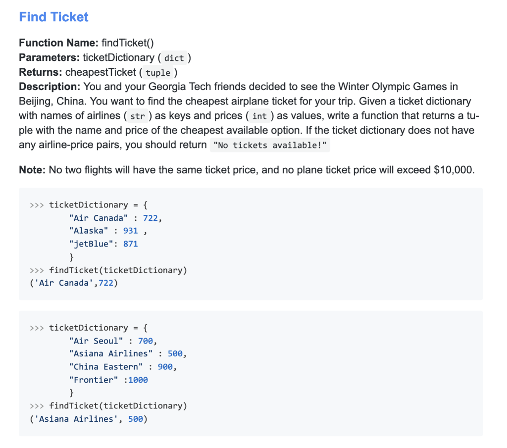 Solved Find Ticket Function Name: findTicket() Parameters: | Chegg.com