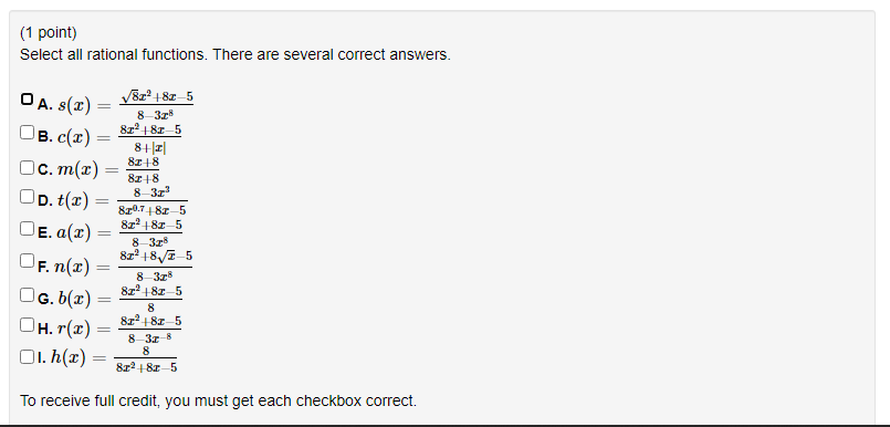 Solved (1 point) Select all rational functions. There are | Chegg.com