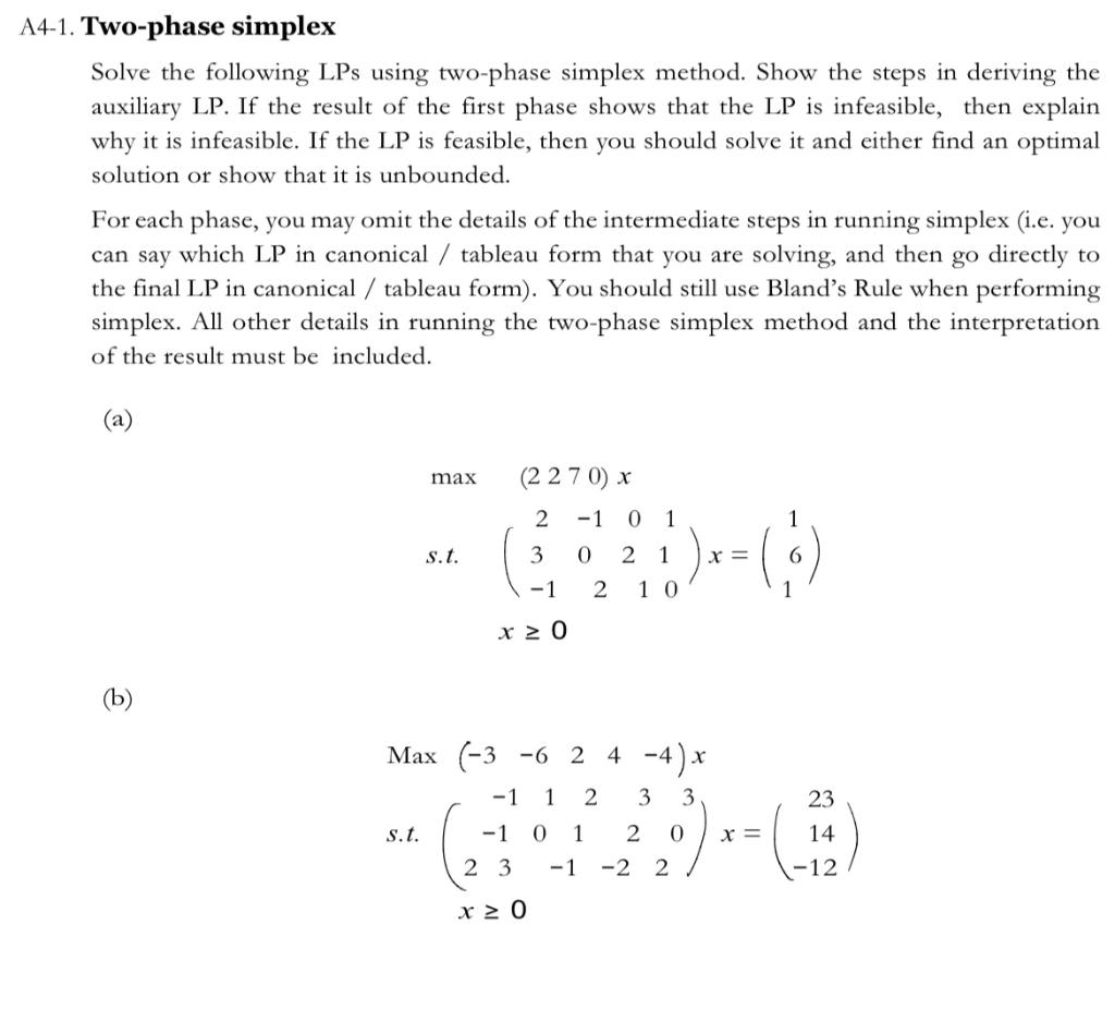 1-1. Two-phase simplex Solve the following LPs using | Chegg.com