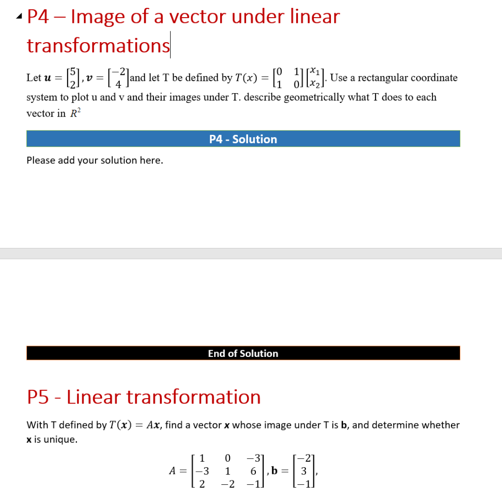 Solved - P4 – Image of a vector under linear transformations | Chegg.com