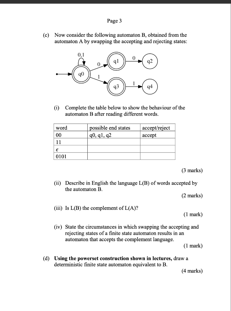 Solved Page 3 (c) Now consider the following automaton B, | Chegg.com