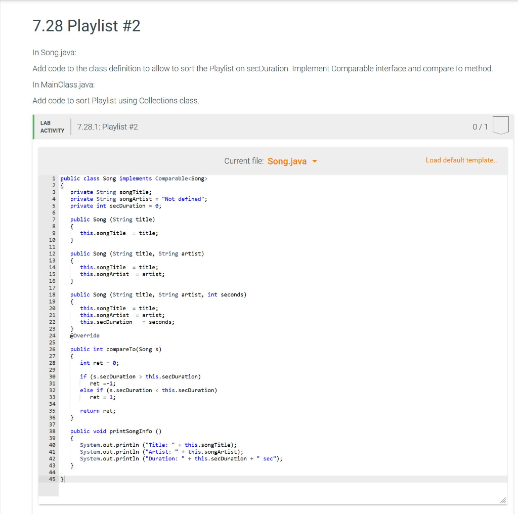Solved 7.28 Playlist #2 In Song.java: Add code to the class | Chegg.com
