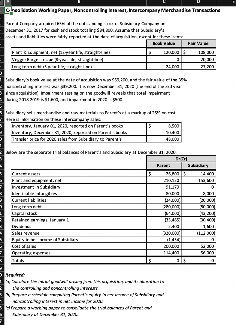 Consolidation Working Paper, Noncontrolling Interest, | Chegg.com
